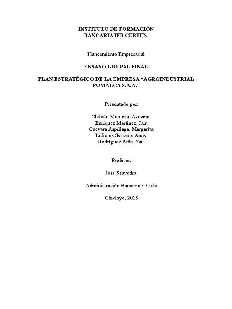 Plan Estratégico Azucarera Pomalca S.A.A. | PDF | Sustituto de azúcar ...