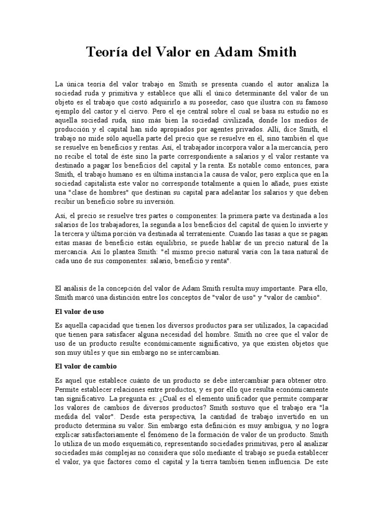 Teoría Del Valor en Adam Smith Trabajo | PDF | Capital (economía) | Bienes