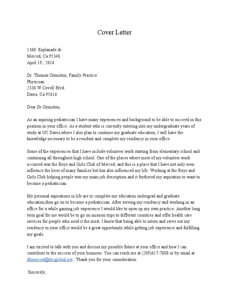 Pediatrician Internship Cover Letter | PDF | Self-Improvement | Lifestyle