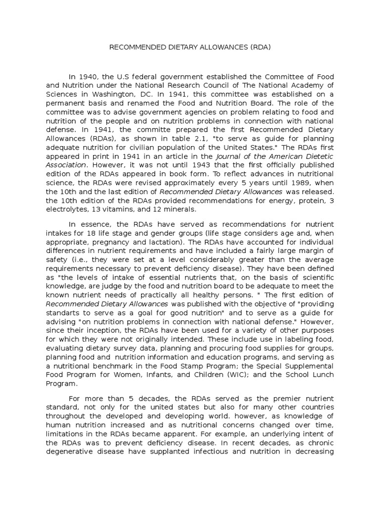 Evolution of Recommended Dietary Allowances | PDF | Nutrition | Diet ...