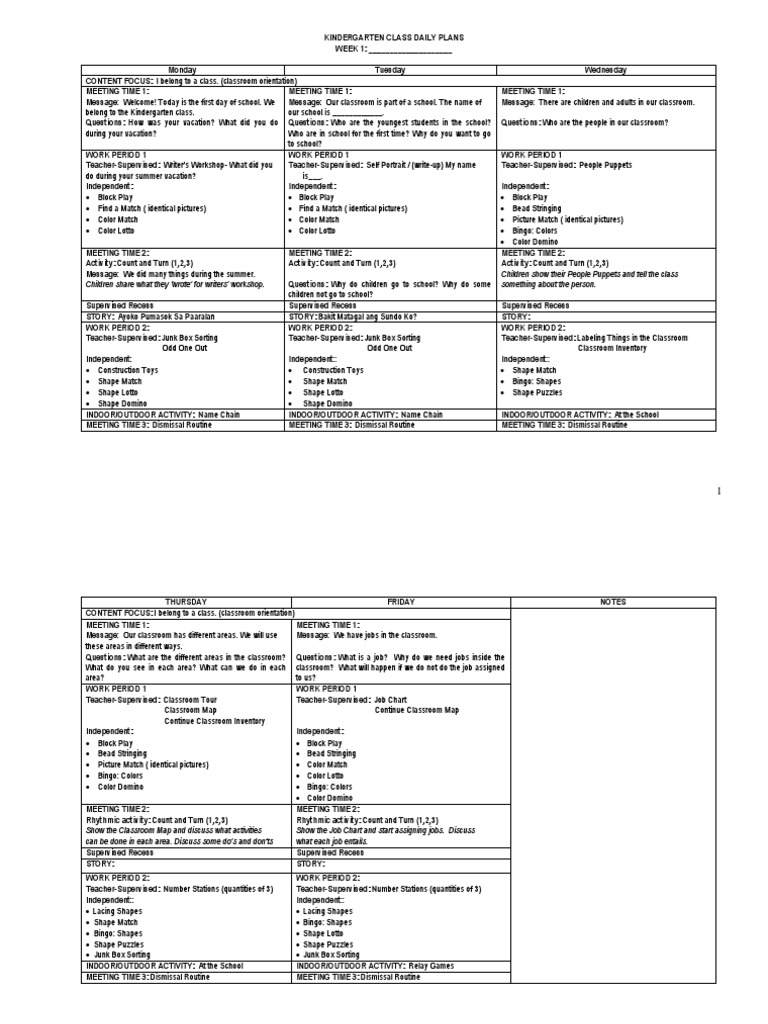 Kinder Lesson Plan Week 1 | PDF | Drawing | Toys