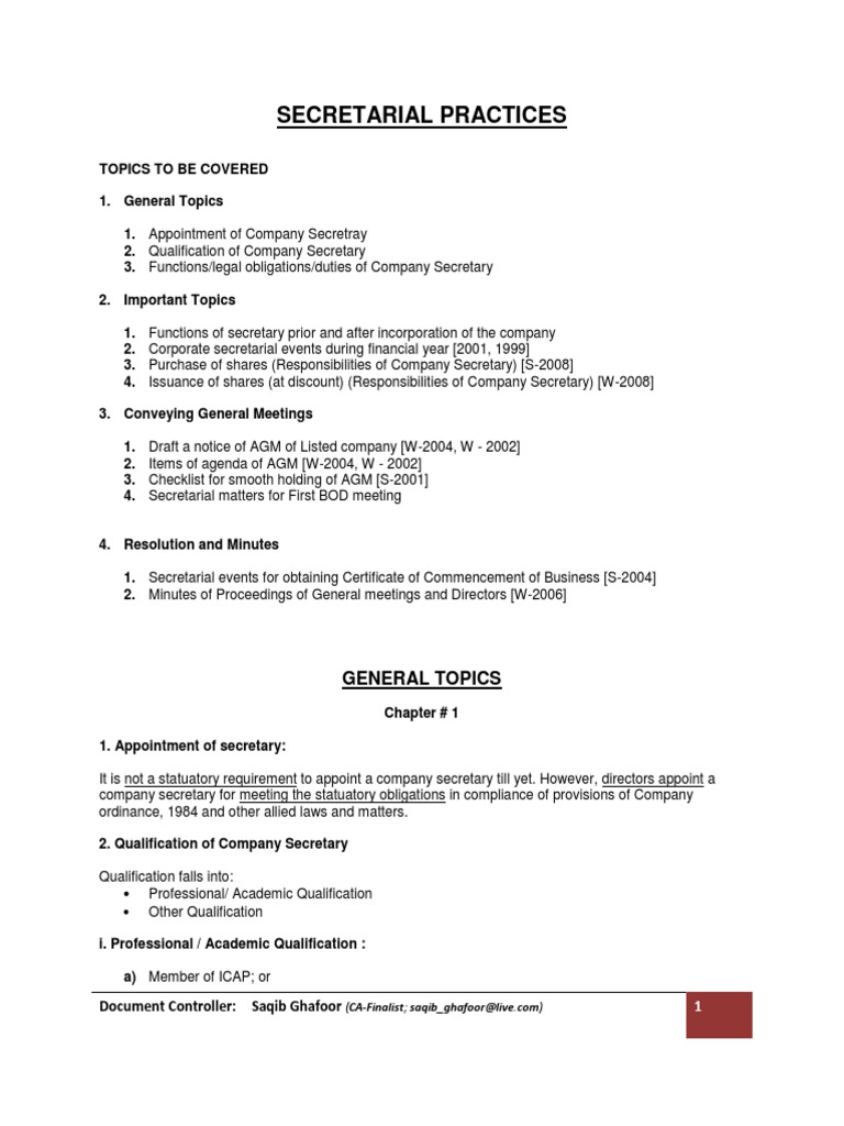 Secretarial Practices Outline | PDF | Board Of Directors | Secretary