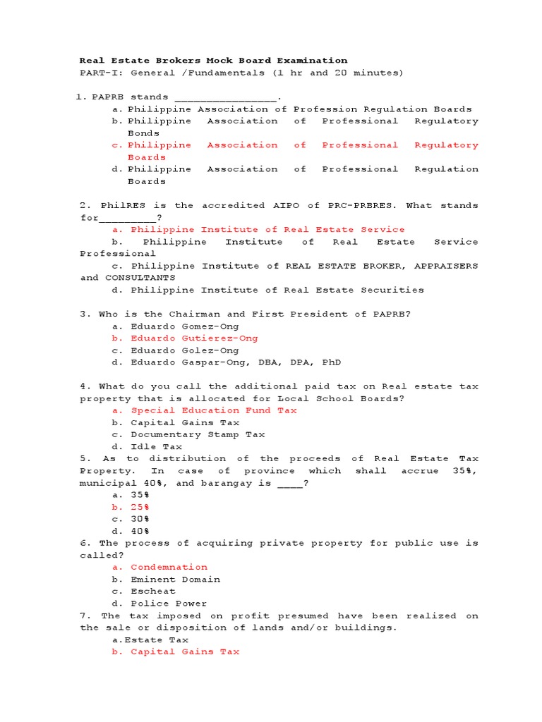 12 01 13 Mock Board Exam 1 With Answer PDF | PDF | Real Estate ...