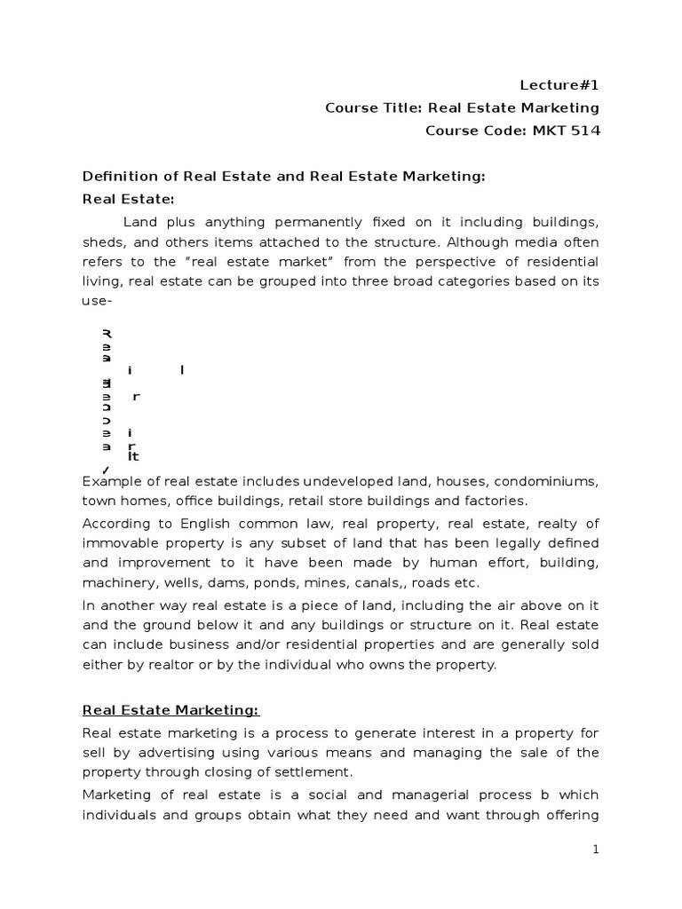 Lecture 1 Real Estate Marketing | PDF | Real Property | Property