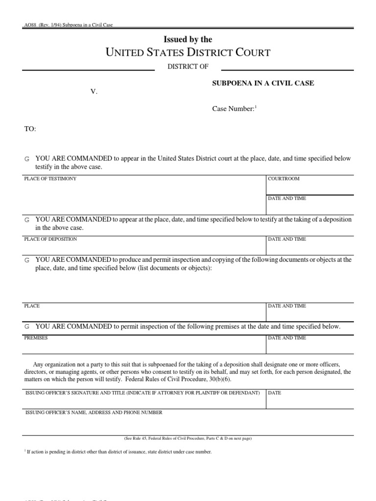 SUBPOENA IN A CIVIL CASE | Discovery (Law) | Subpoena