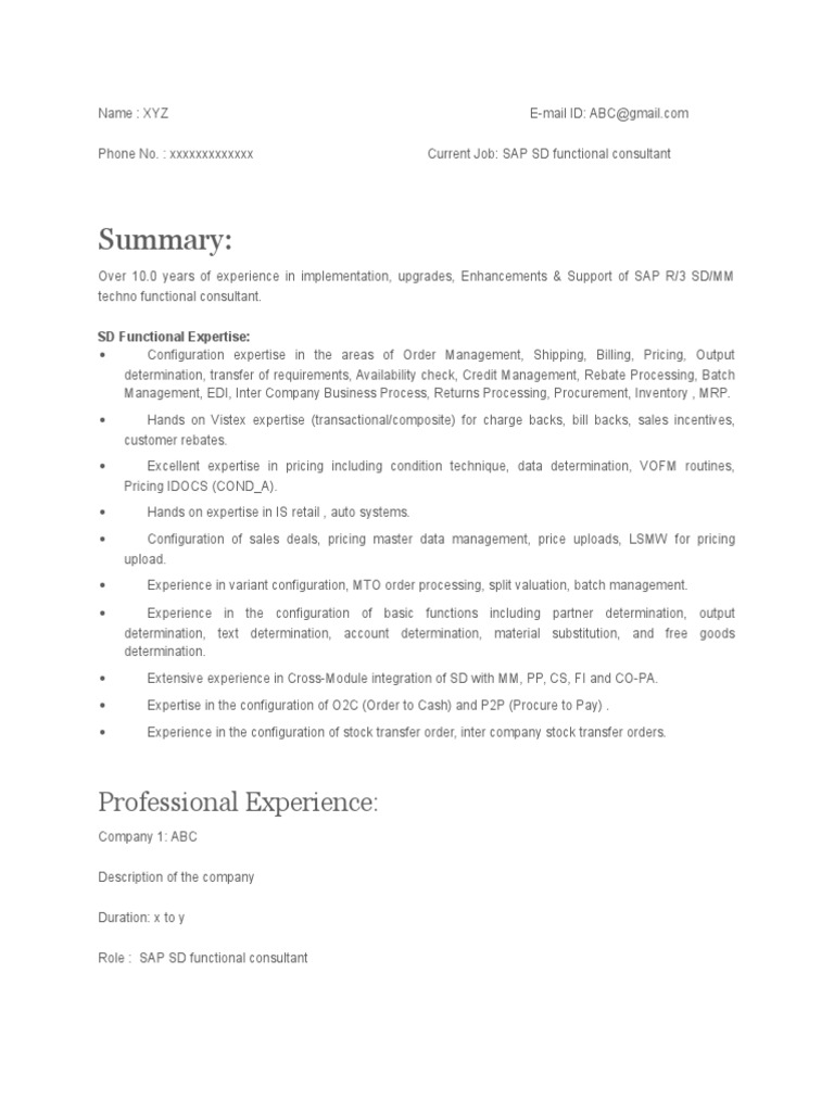 Sap Sd Sample Resume With 10 Years | Electronic Data Interchange | Invoice