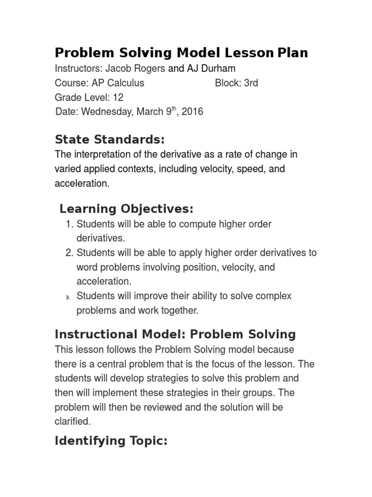 Problem Solving Lesson Plan | PDF