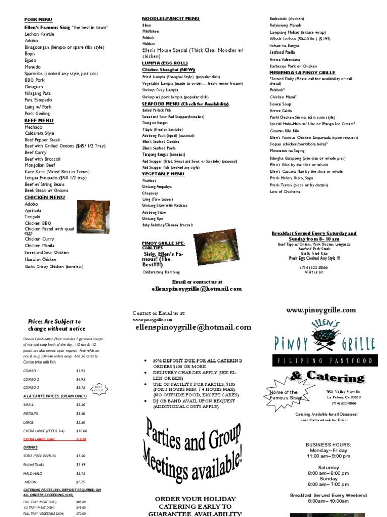 Pinoy Grille Menu and Catering Options | PDF