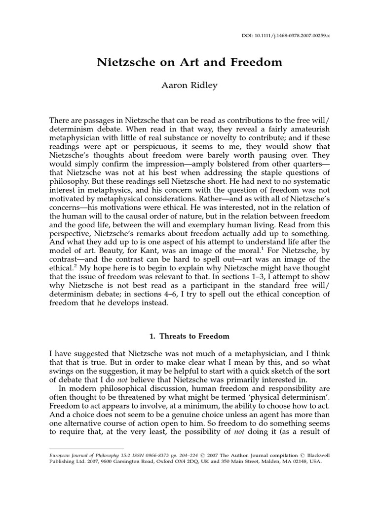 Aaron Ridley - Nietzsche On Art and Freedom | PDF | Free Will | Determinism