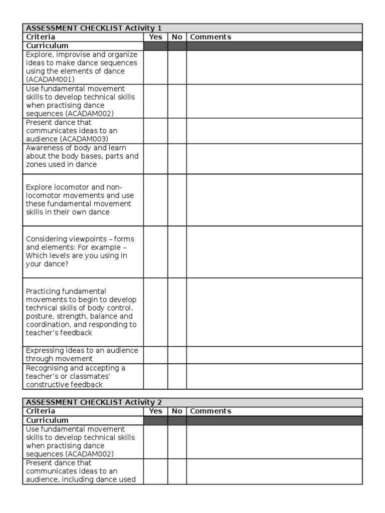 Dance Skills Assessment Checklist | PDF | Dances | Educational Assessment