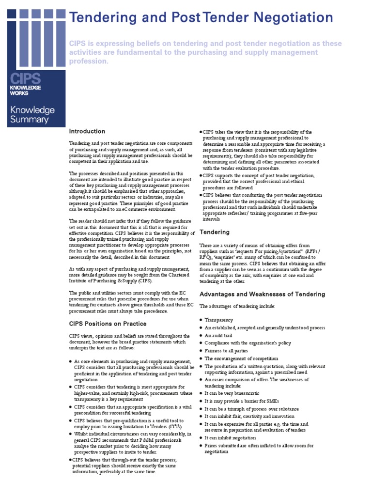 Cips Tendering Post Tender Negotiation | PDF | Procurement | Supply Chain