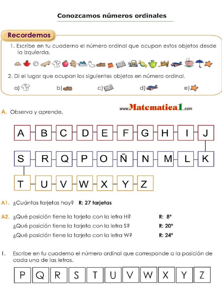 Hojas De Trabajo Sobre Números Ordinales