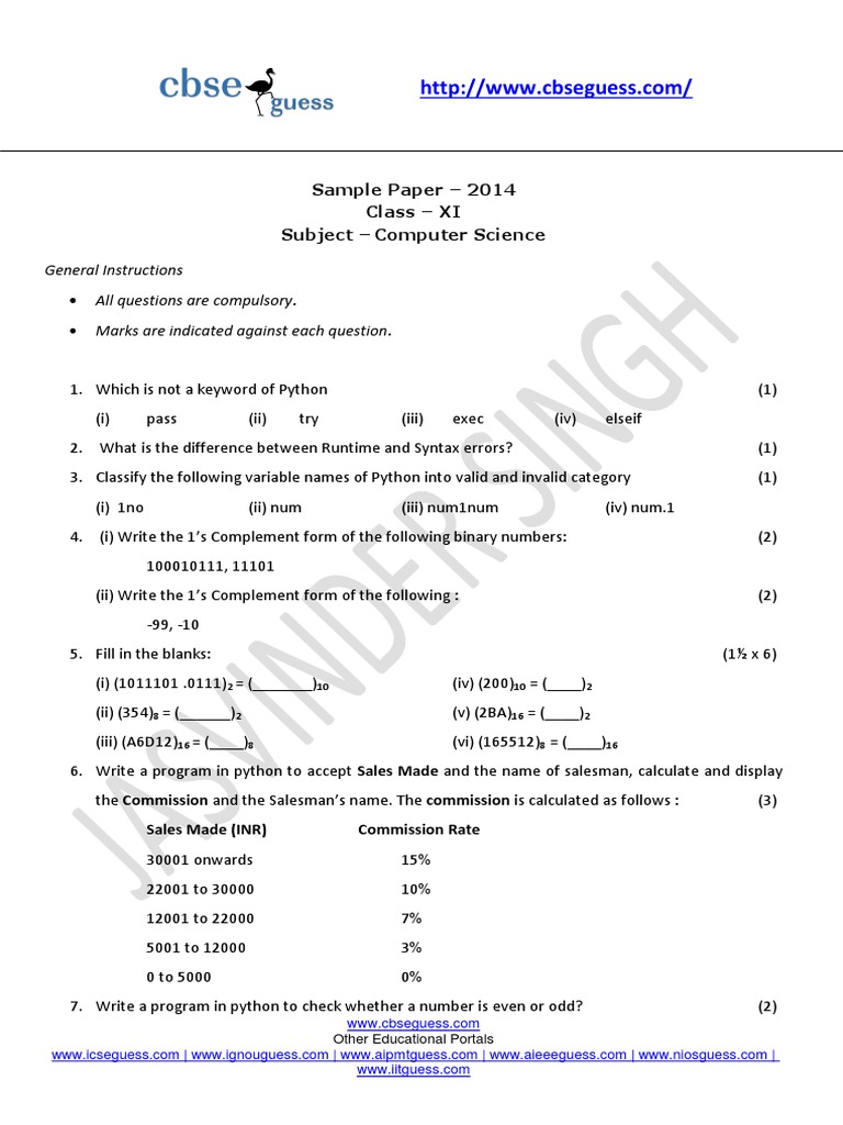 Class 11 Computer Science Sample Paper | PDF | Central Processing Unit ...