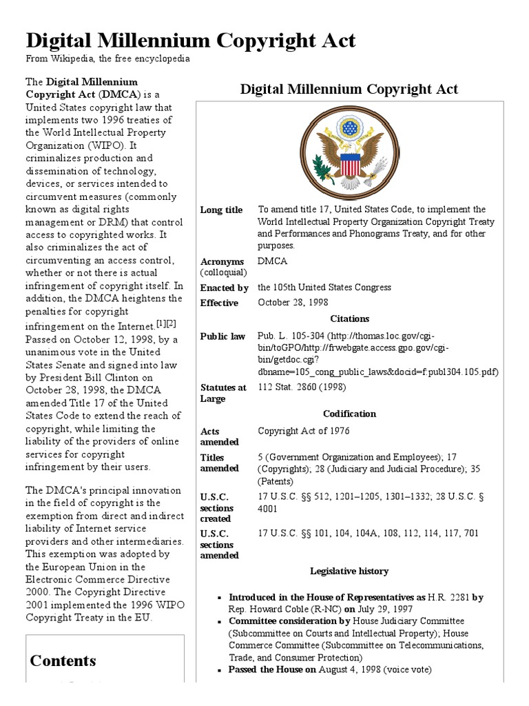 Overview of the DMCA Legislation | PDF | Digital Millennium Copyright ...