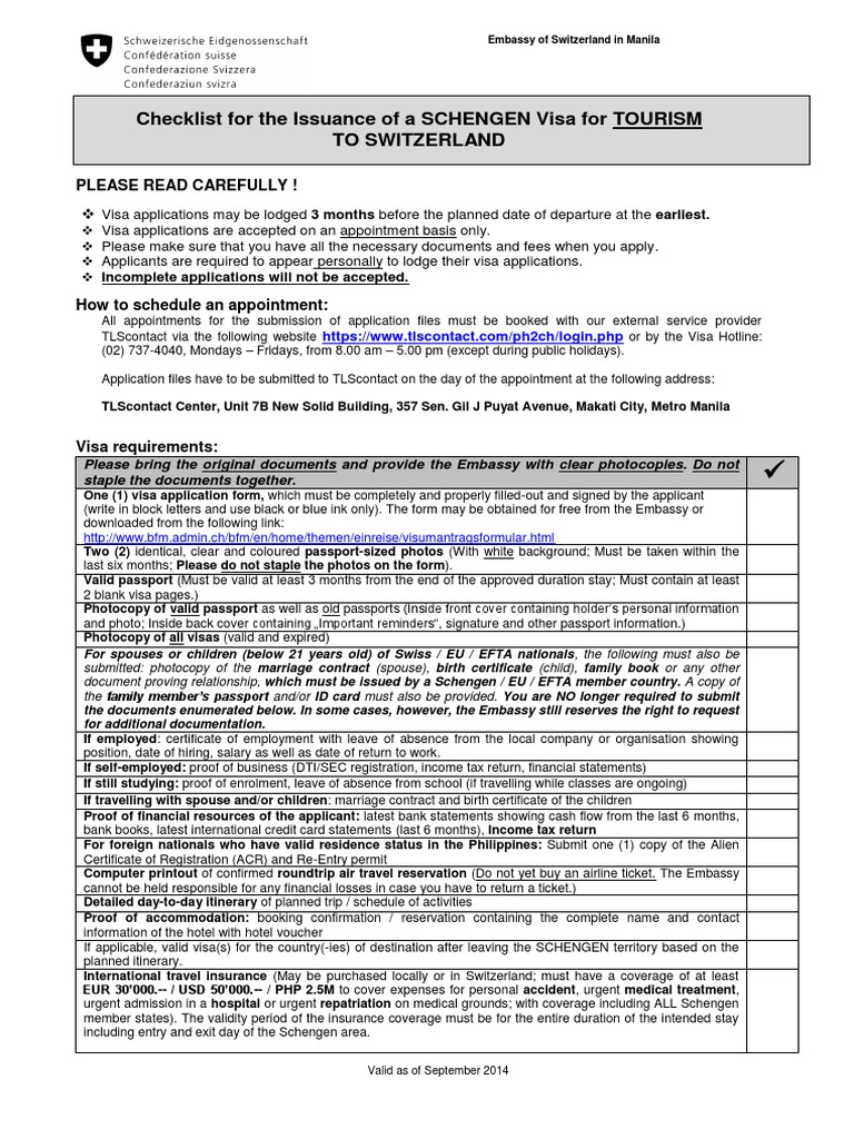 Schengen Visa Checklist for Switzerland | PDF