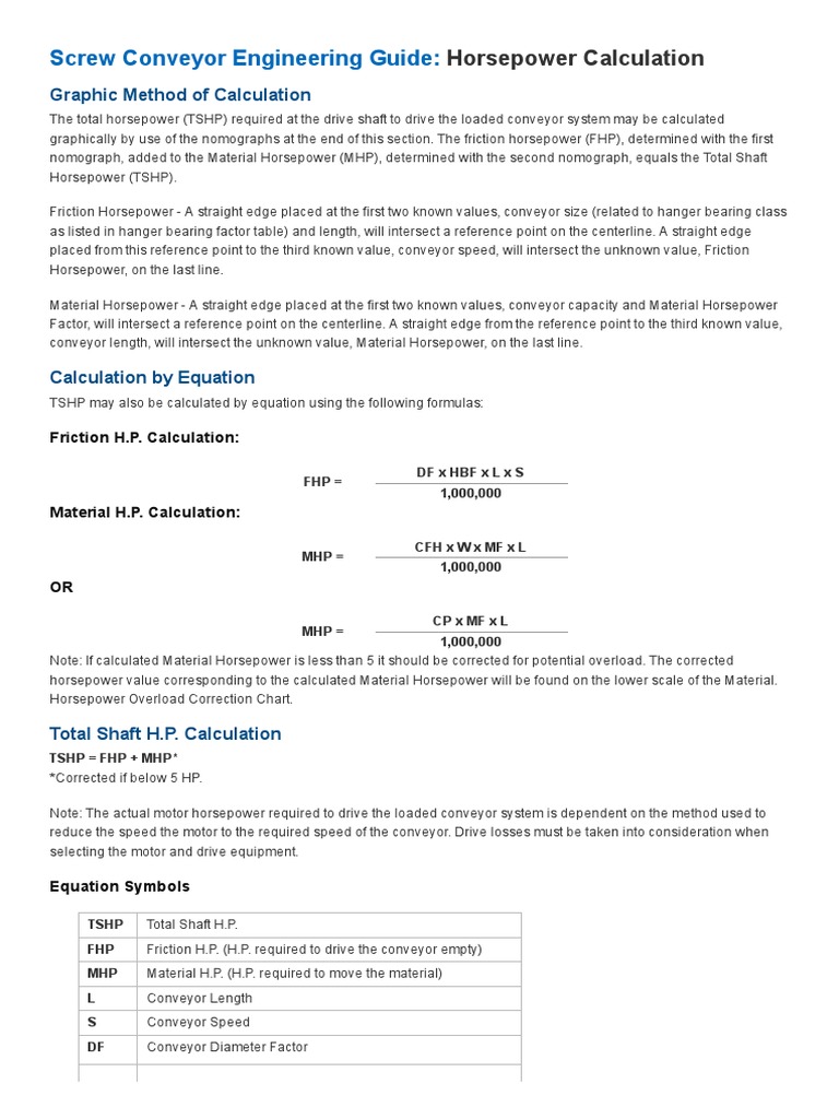 Screw Conveyor Horsepower Calculation Guide | PDF | Horsepower ...