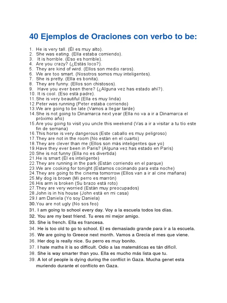 40 Ejemplos De Oraciones Con Verbo To Be Pdf