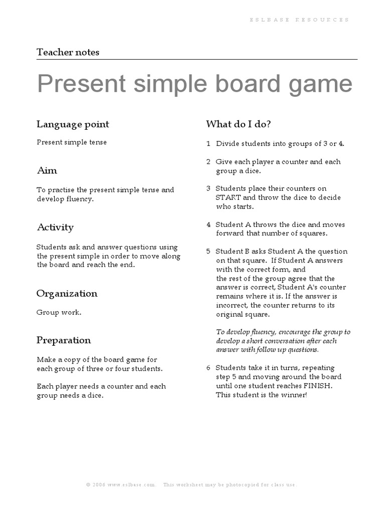 Present Simple Board Game | PDF | Language Arts & Discipline