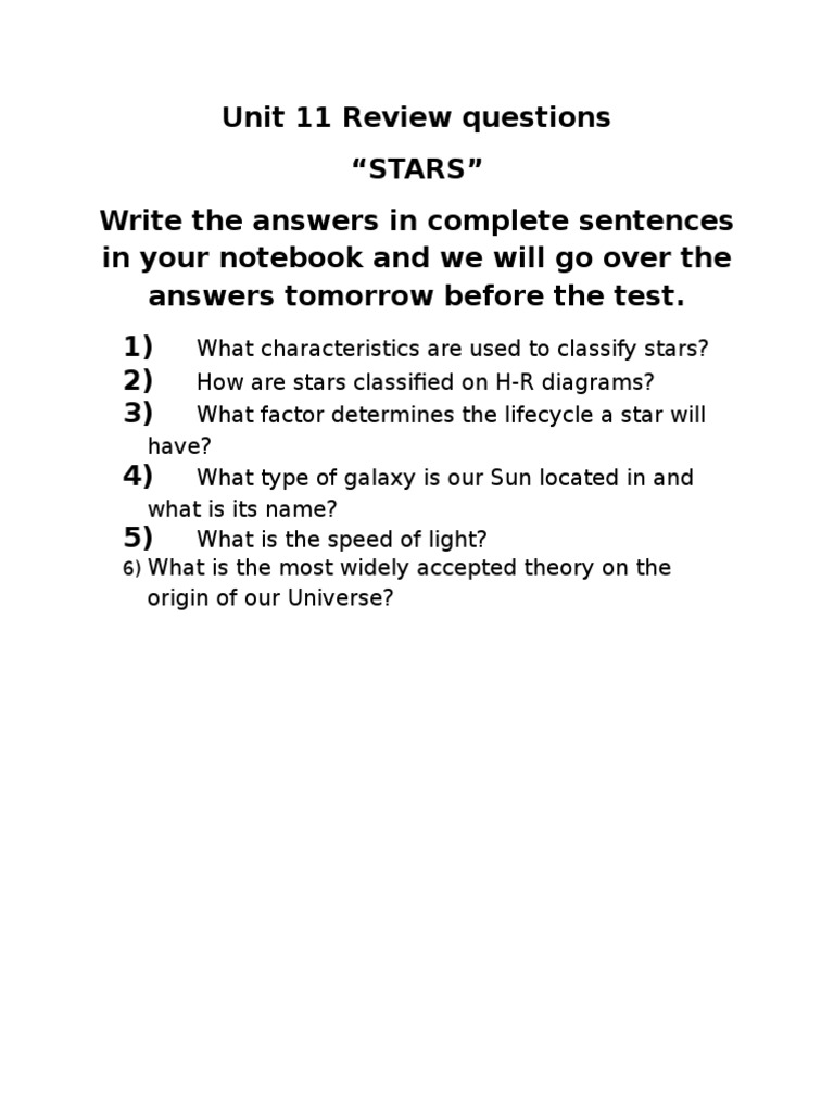 Unit 11 Test Study Guide: Stars | PDF