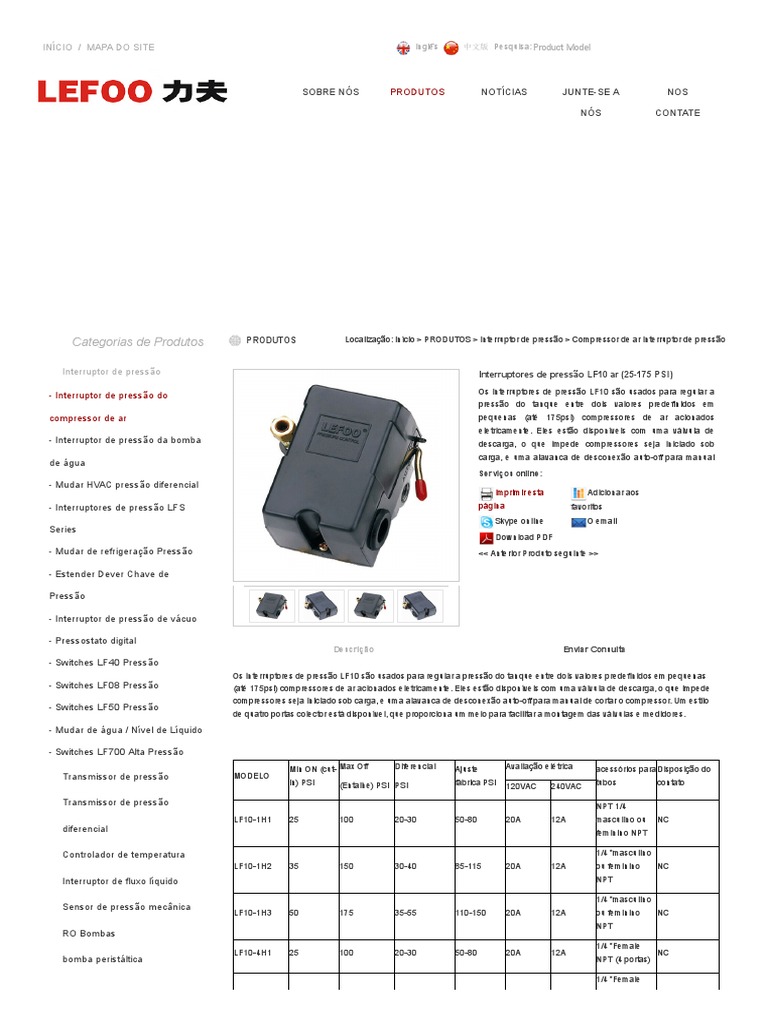 Pressostato Lefoo LF10 25-175 PSI | PDF | Pressão | Equipamento