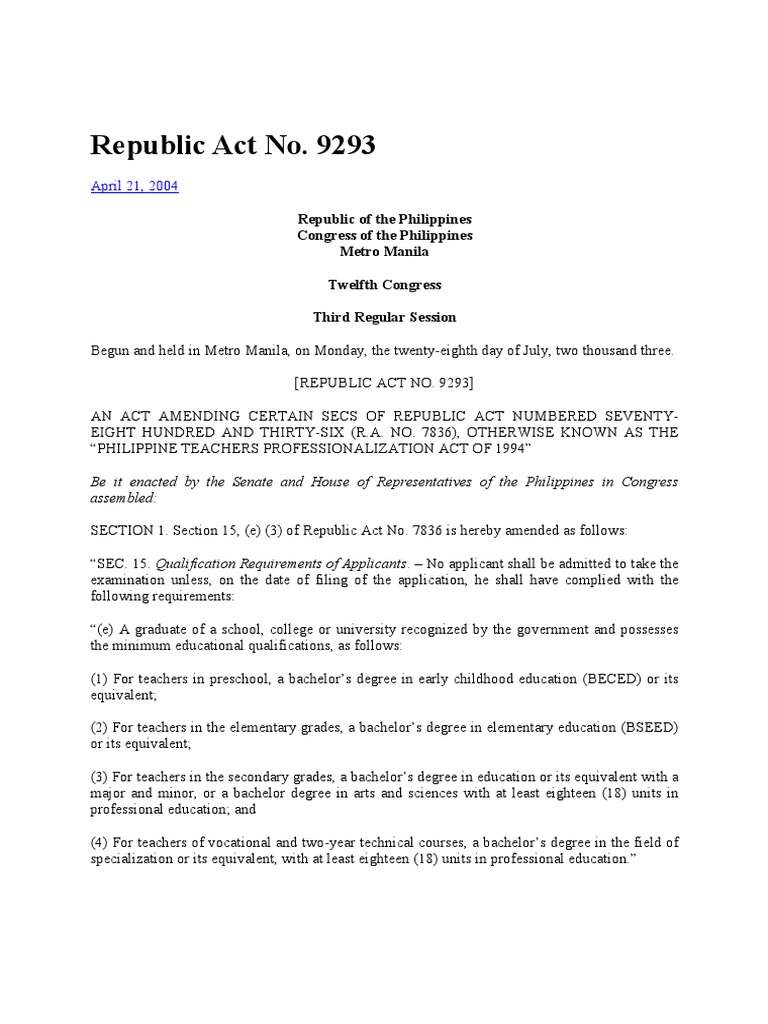 Republic Act No. 9293 Professional Teachers_e | Licensure | Bachelor's ...