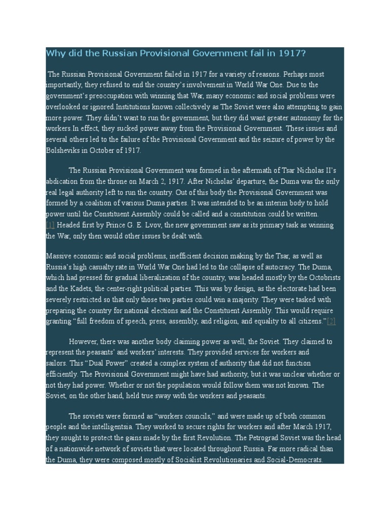 Reasons for Provisional Government's Failure | PDF | Soviet Union ...