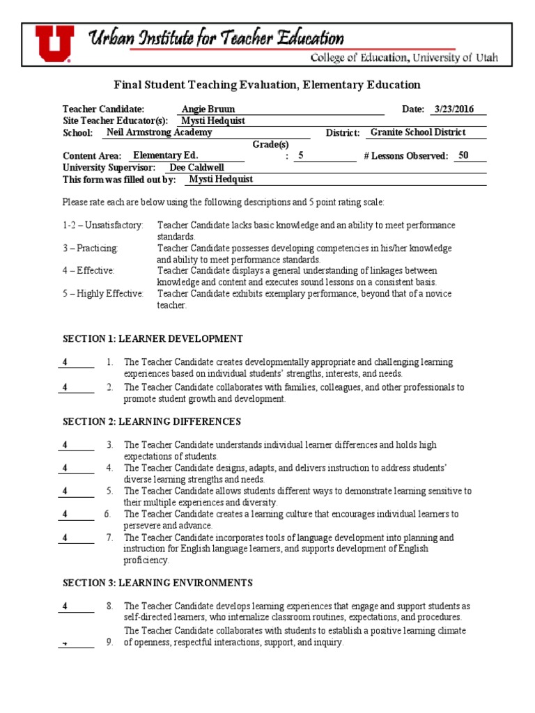 Final Evaluation of Teacher Candidate | PDF | Teachers | Educational ...