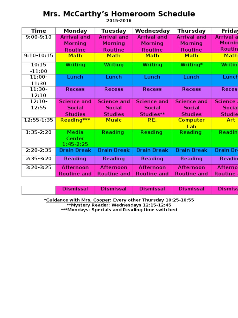 Mrs. McCarthy's 2015-2016 Homeroom Schedule | PDF
