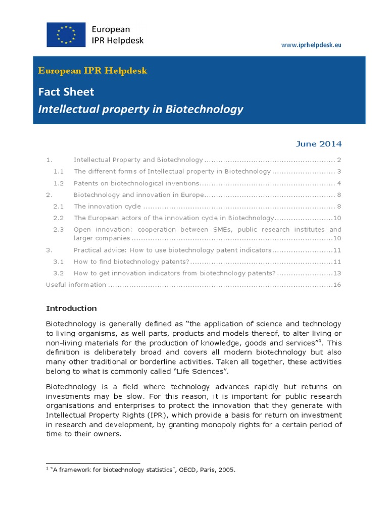 Fact Sheet IP in Biotechnology | PDF | Intellectual Property | Patent
