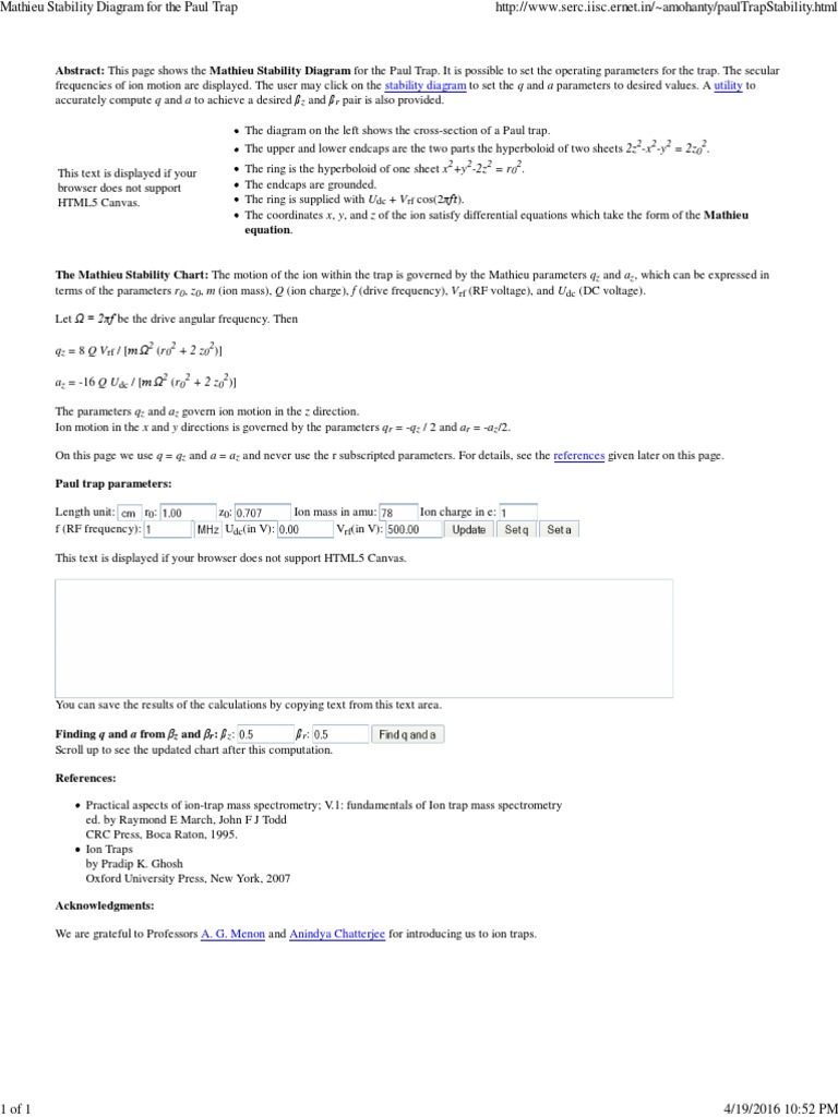Mathieu Stability Diagram For The Paul Trap | PDF