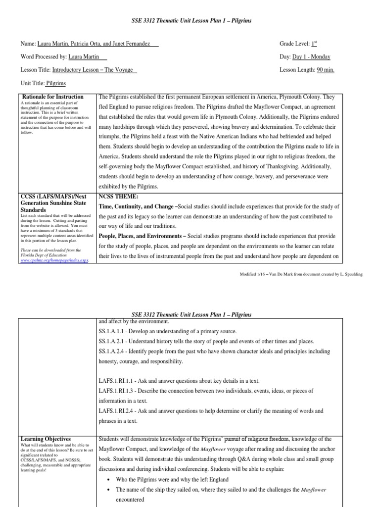 Sse 3312 Pilgrims Lesson Plan 1 The Voyage | PDF | Pilgrim Fathers ...