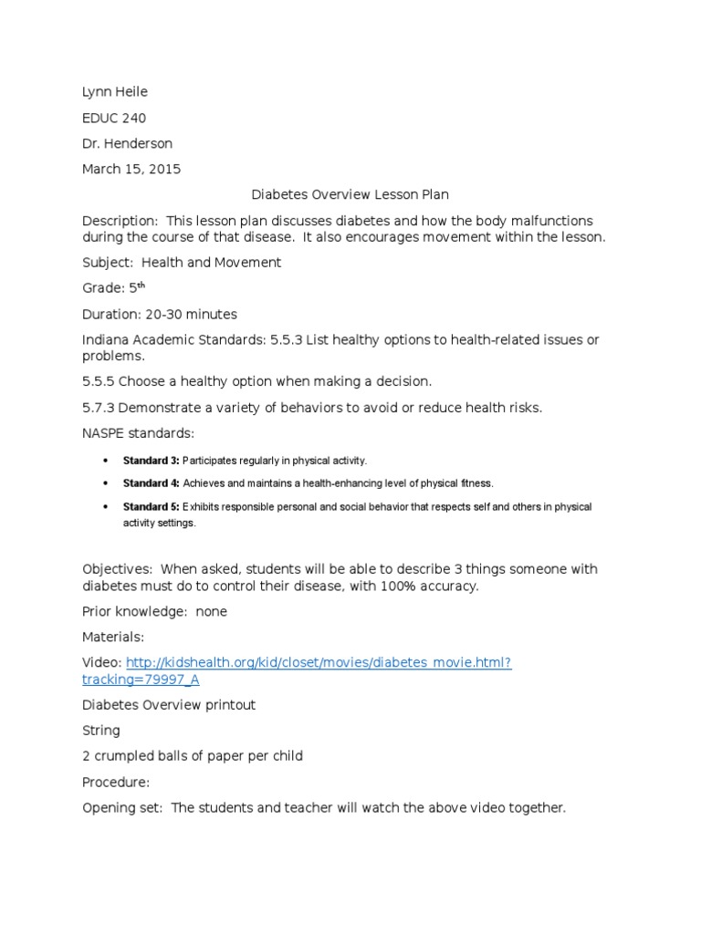 Diabetes Overview Lesson Plan | PDF | Diabetes Mellitus | Lesson Plan