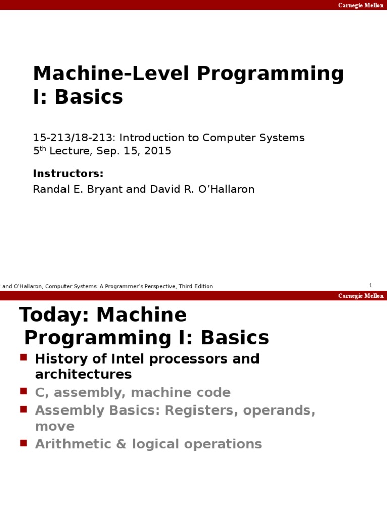 Machine-Level Programming I: Basics: 15-213/18-213: Introduction To Computer Systems 5 Lecture ...