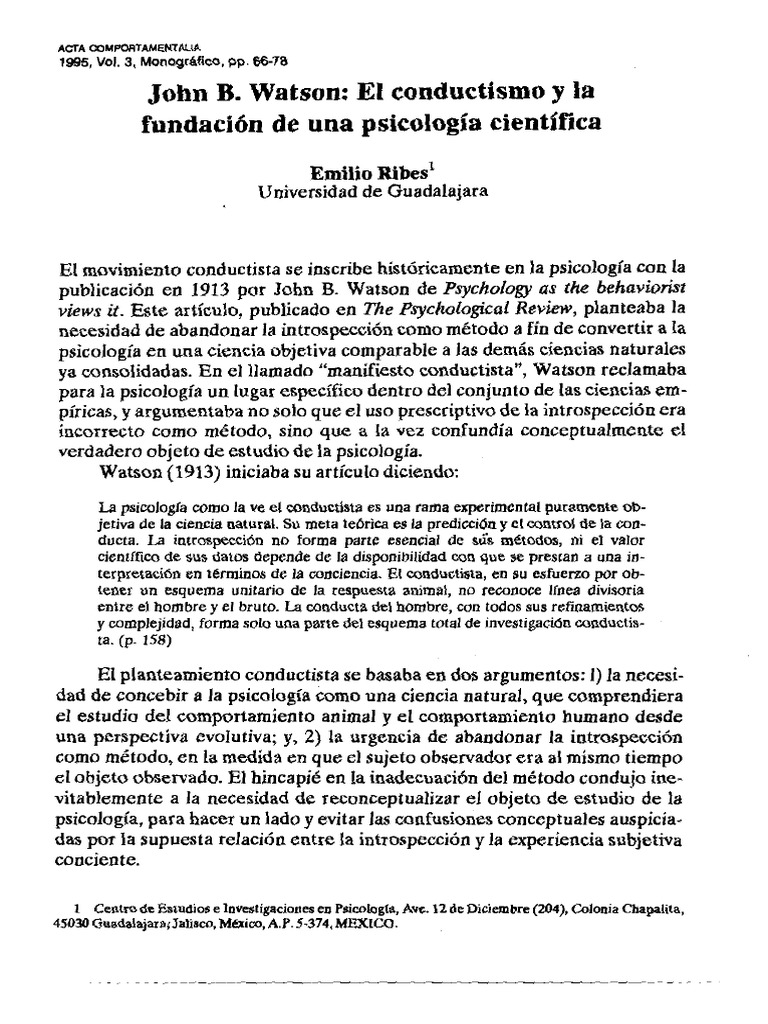 John B Watson El-Conductismo y La Fundacion de Una Psicologia Cientifica - Emilio Ribes | PDF