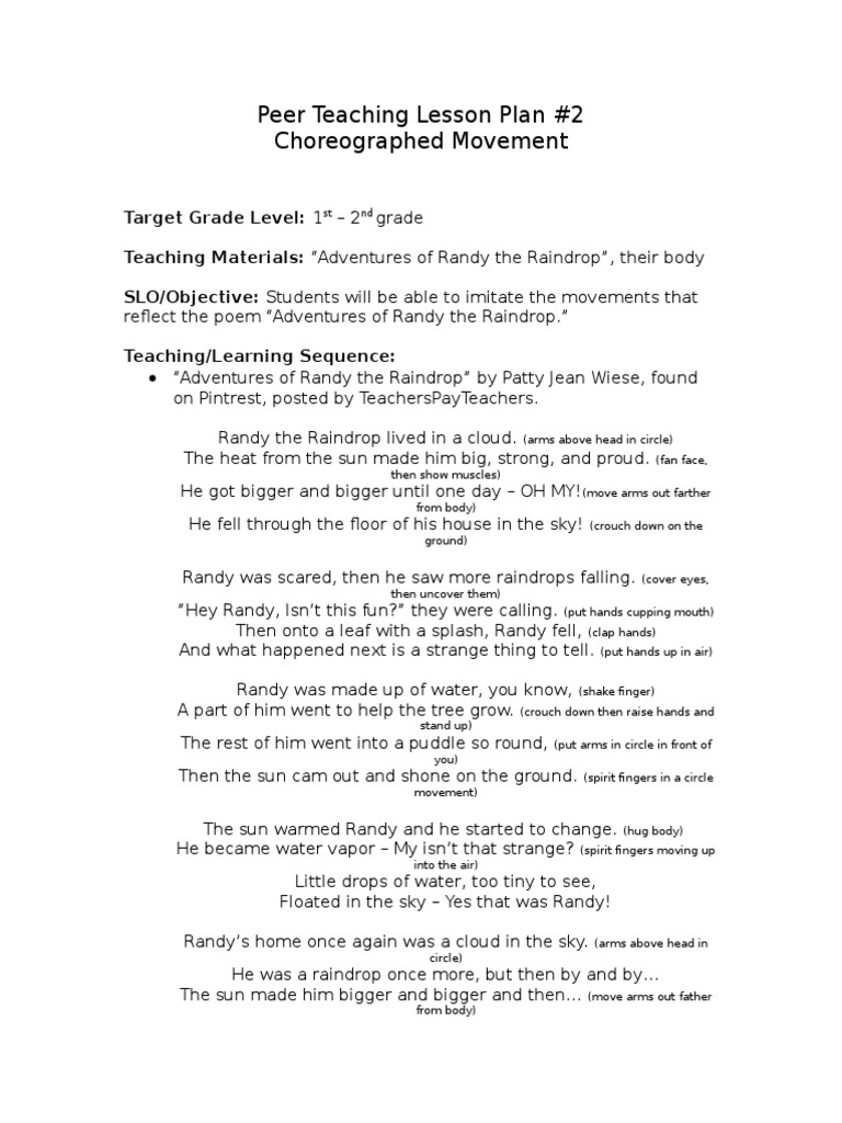 Peer Teaching Lesson Plan #2 Choreographed Movement | PDF | Rain | Leisure