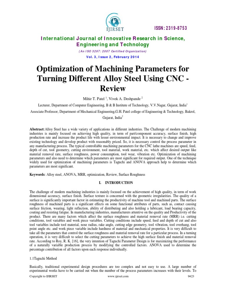 Optimization Of Machining Parameters For Turning Different Alloy Steel Using Cnc Review Pdf