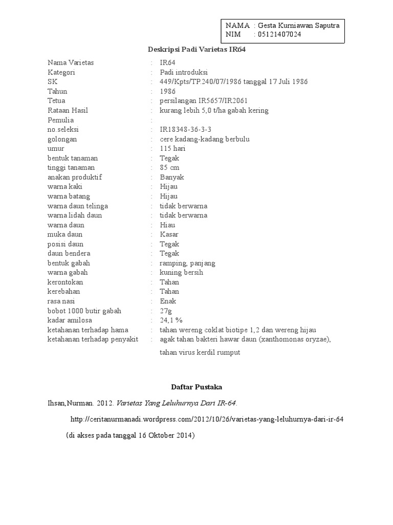 Deskripsi Padi Varietas IR64 | PDF