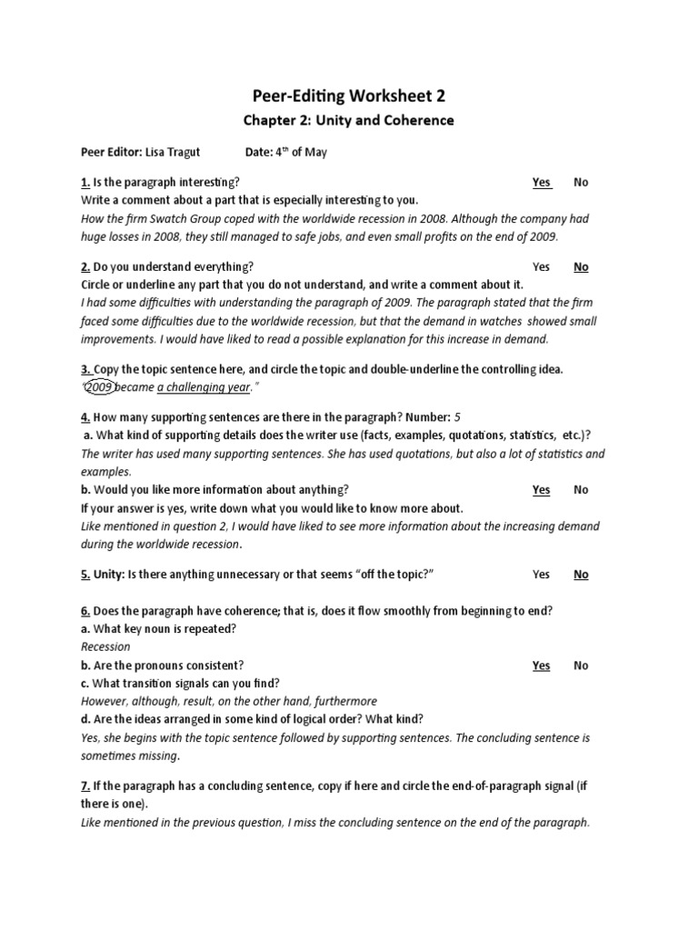 Peer-Editing Worksheet 2: Chapter 2: Unity and Coherence | PDF ...