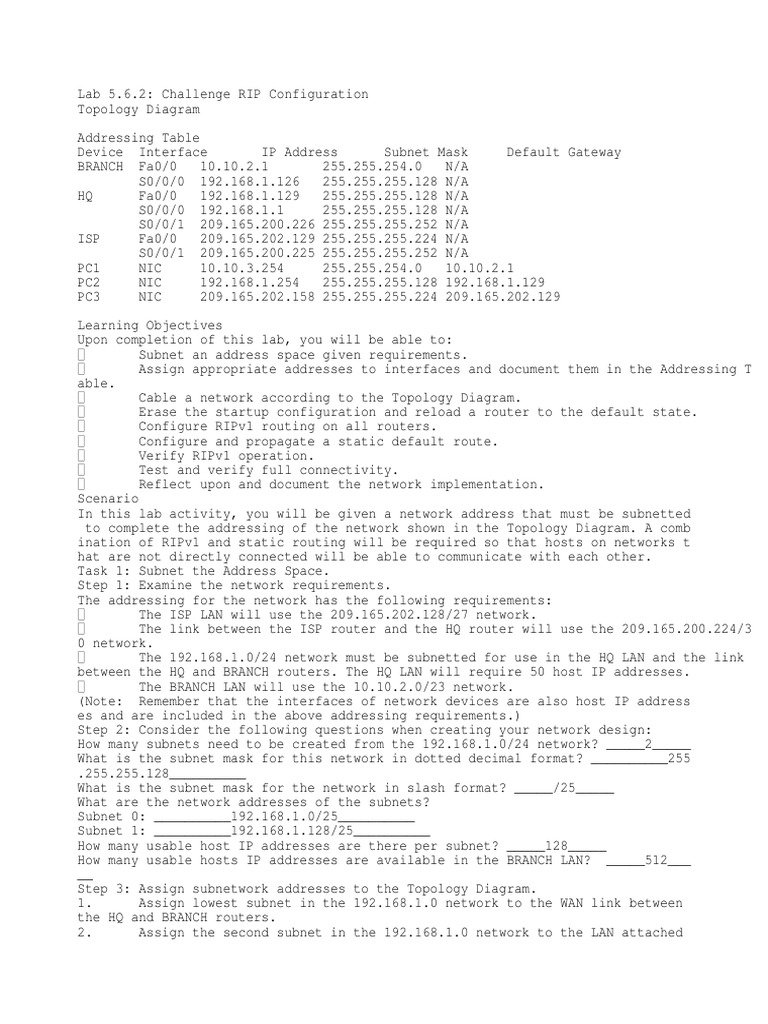 Lab 5.6.2 Challenge RIP Configuration | PDF | Computer Network | Router (Computing)