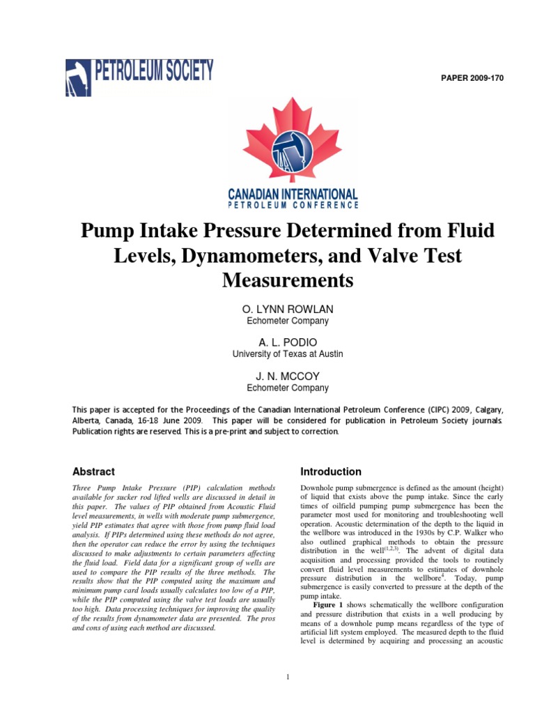Pump Intake Pressure Determined From Fluid Levels Dynamometers and ...
