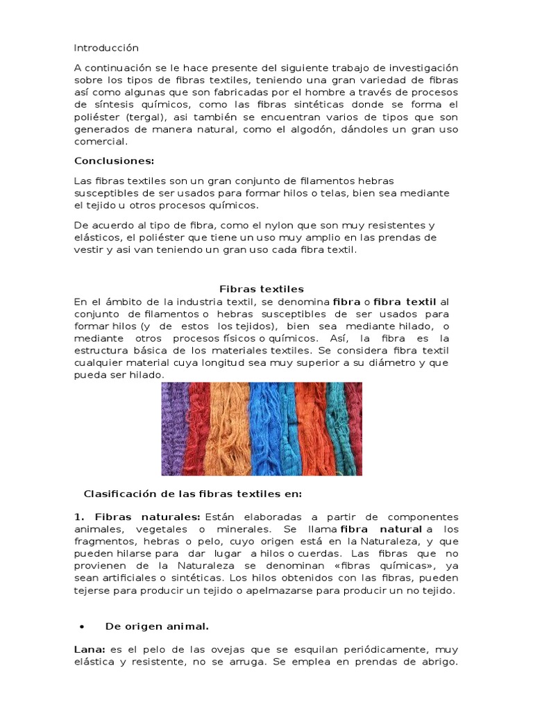 Tipos de Fibras Textiles: Naturales y Sintéticas | PDF | Fibra ...