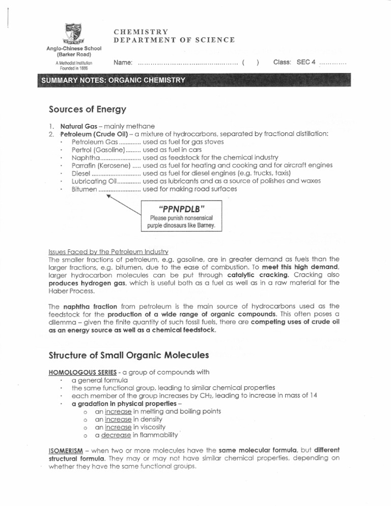 Summary Notes Organic Chemistry | PDF | Hydrocarbons | Petroleum