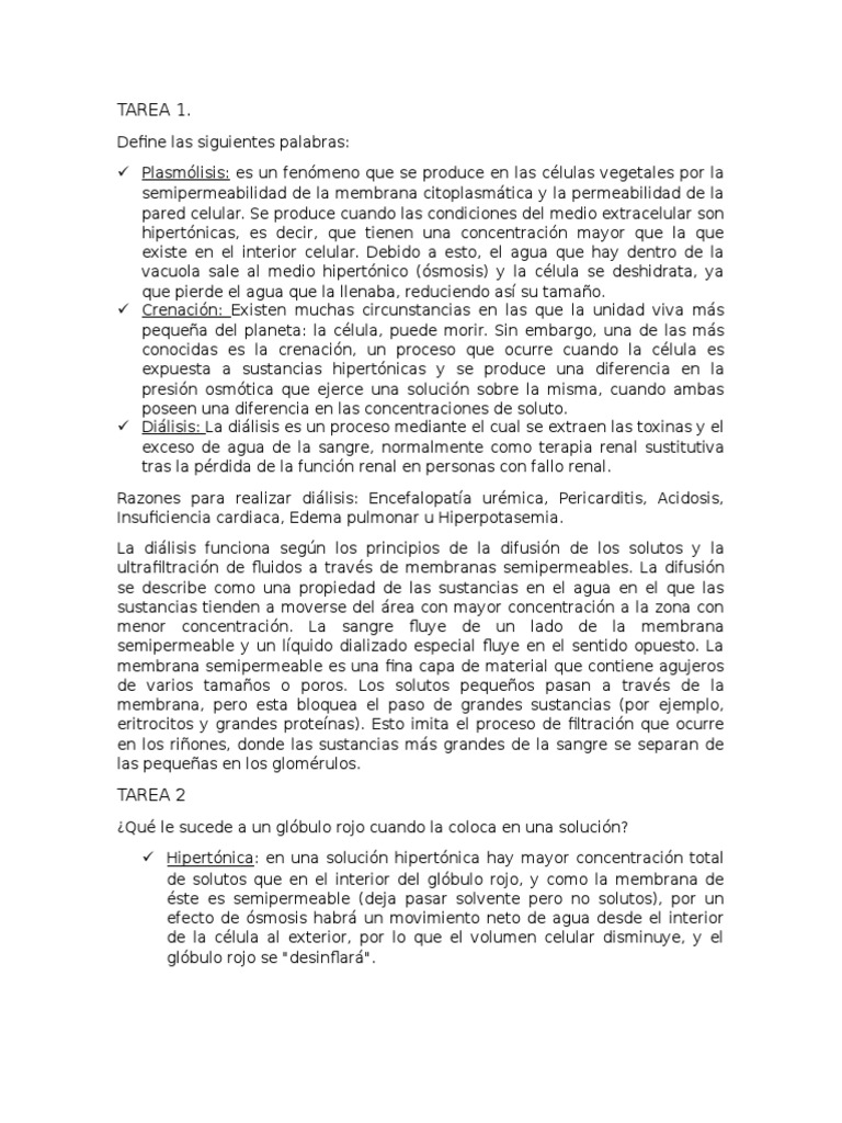 Plasmolisis, Crenacion, Dialisis | PDF | Diálisis | Biología Celular