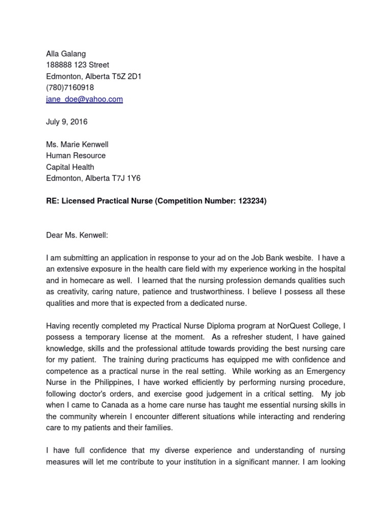 Nursing Cover Letter for LPN Position | PDF