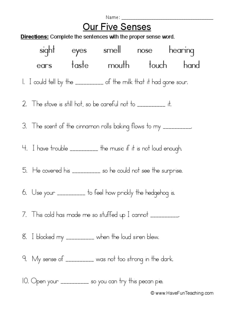Senses Worksheet | PDF | Language Arts & Discipline