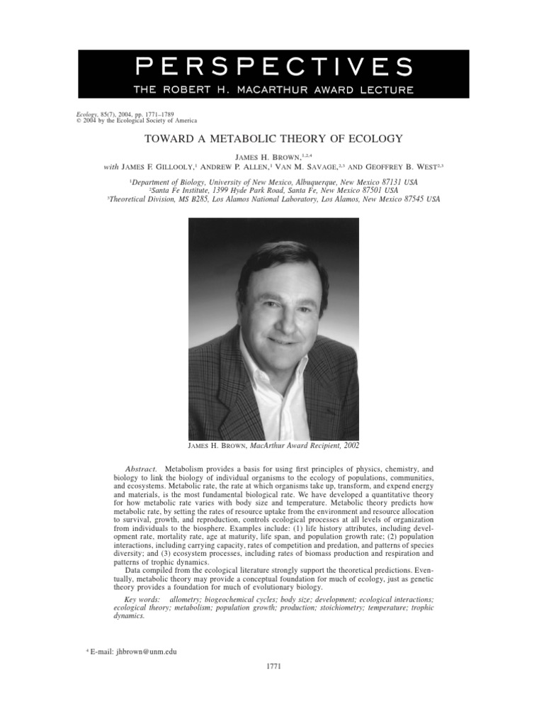 Toward A Metabolic Theory of Ecology | PDF | Ecology | Biodiversity
