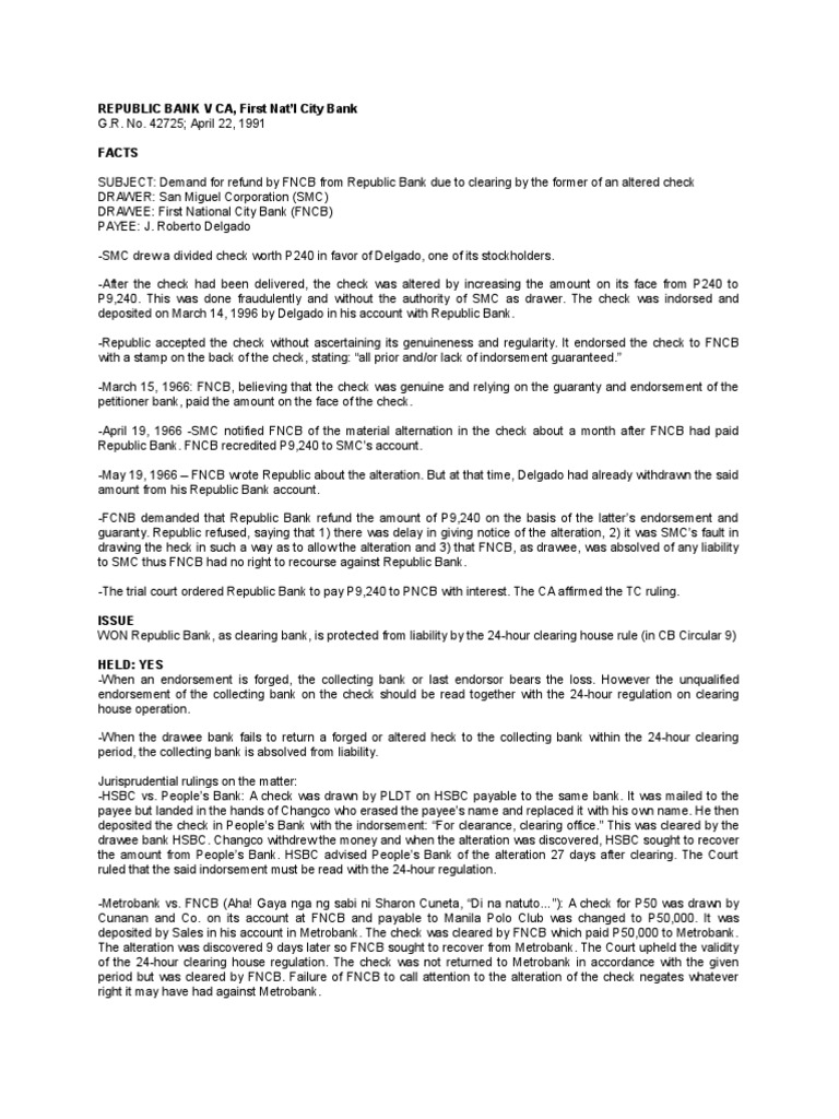 REPUBLIC BANK V CA, First Nat'l City Bank | Download Free PDF | Cheque ...