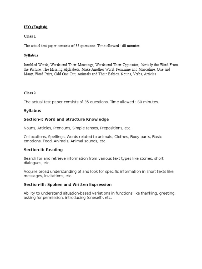 IEO (English) Class 1: Syllabus Section-I: Word and Structure Knowledge ...