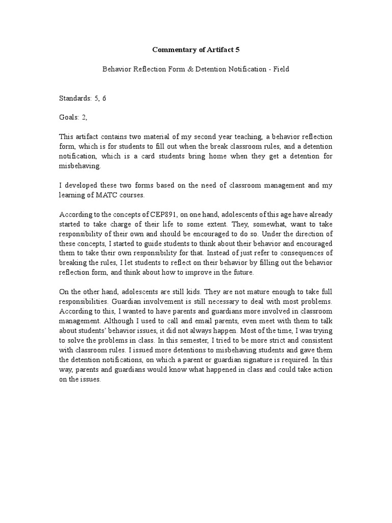 Artifact 5 - Behavior Reflection Form Detention Notification - Field ...