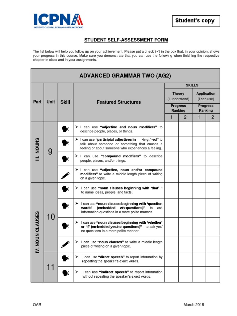 Student Self-Assessment of Grammar Skills Learned in Advanced Grammar ...